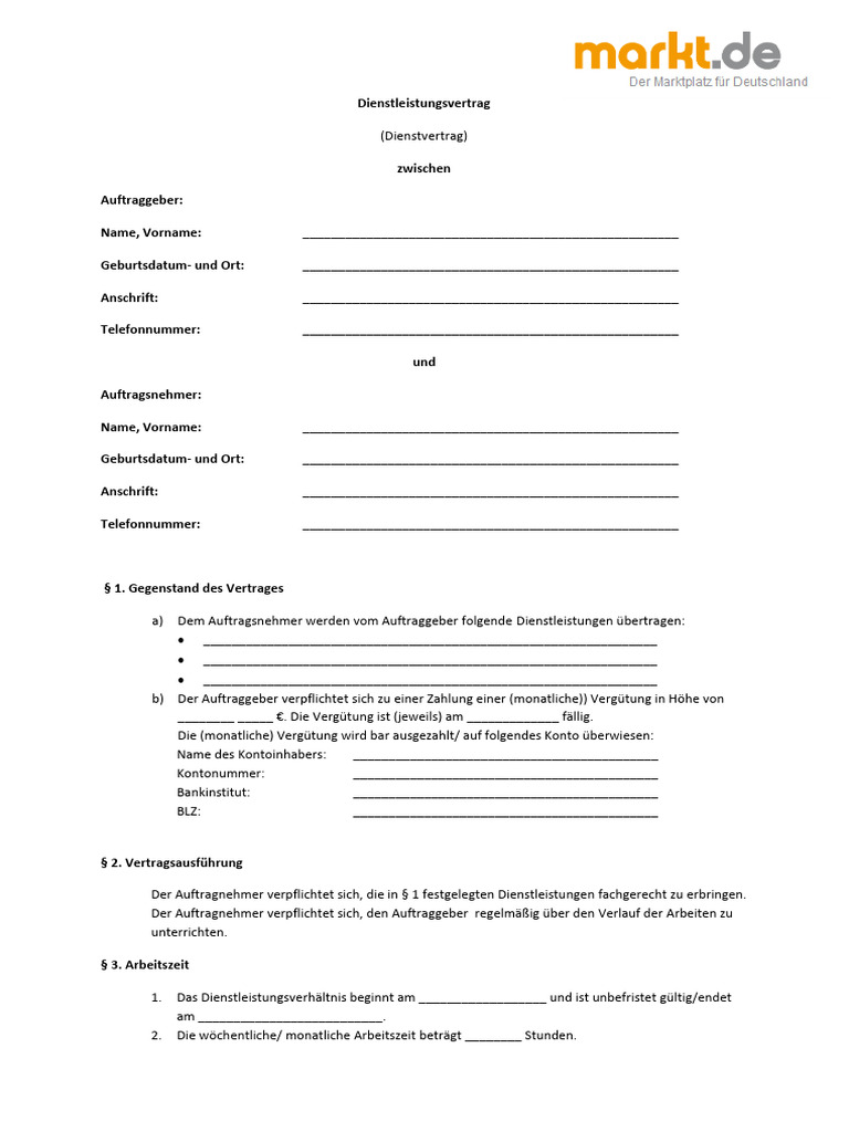 Mustervertrag Dienstleistungsvertrag | PDF