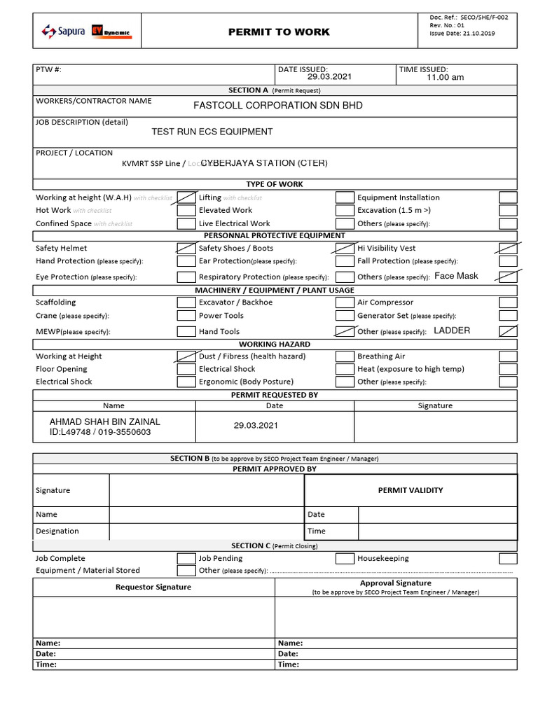 Sapura-CYUS Permit Apllication Form 10.09.20 | PDF | Workplace | Working Conditions