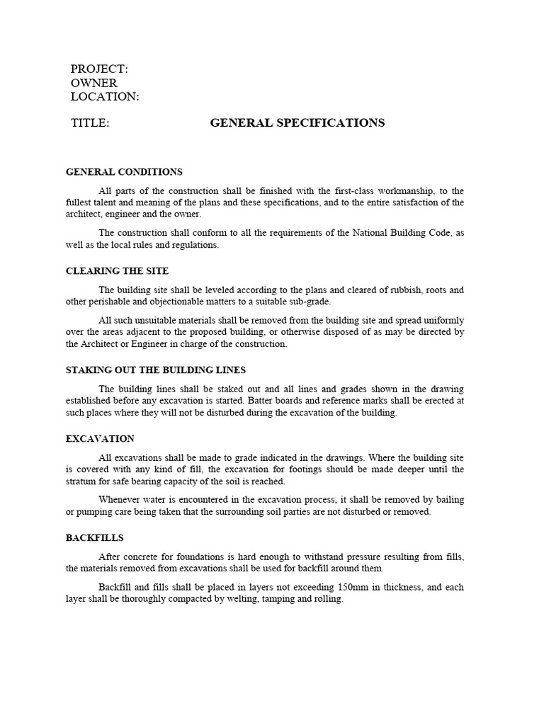 General Specifications (One Storey) | PDF | Concrete | Construction ...
