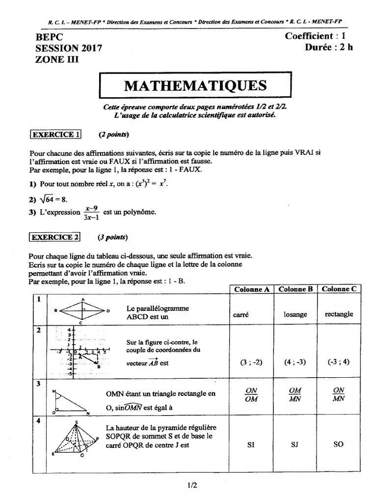 Bepc Z3 Math 2017 | PDF