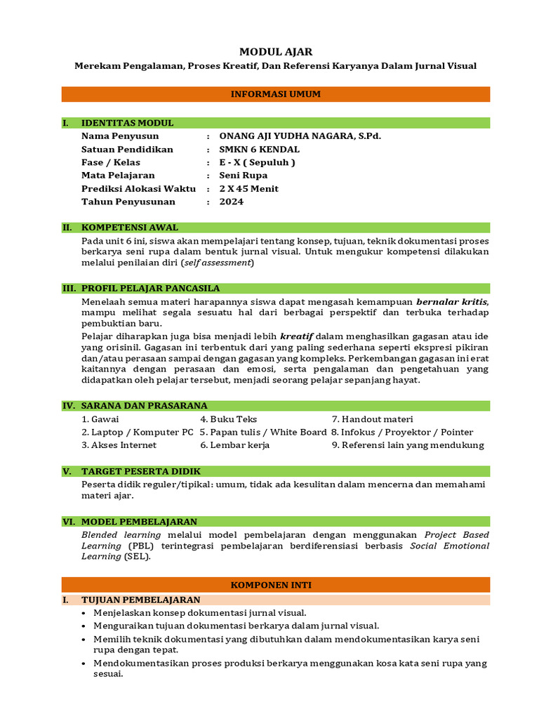 Modul Ajar Seni Rupa - Dokumentasi Karya dalam Jurnal Visual - Fase E | PDF