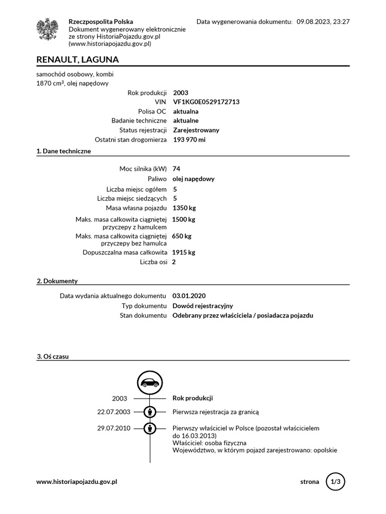 Historia Pojazdu RENAULT 20230809 - 232735 | PDF