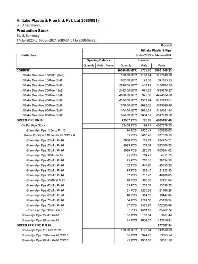 Hilltake Plastic Production Stock Summary | PDF