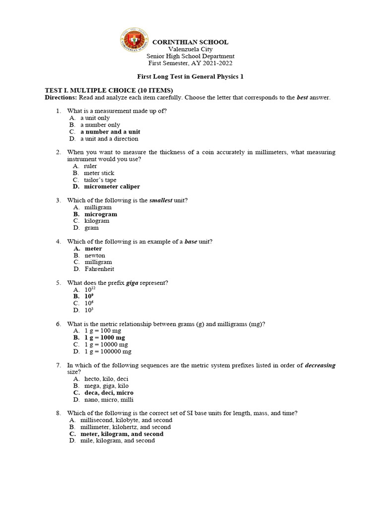 General Physics 1 Long Test Guide | PDF