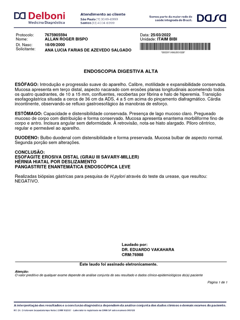 ENDOSCOPIA DIGESTIVA ALTA (Laudo) | PDF