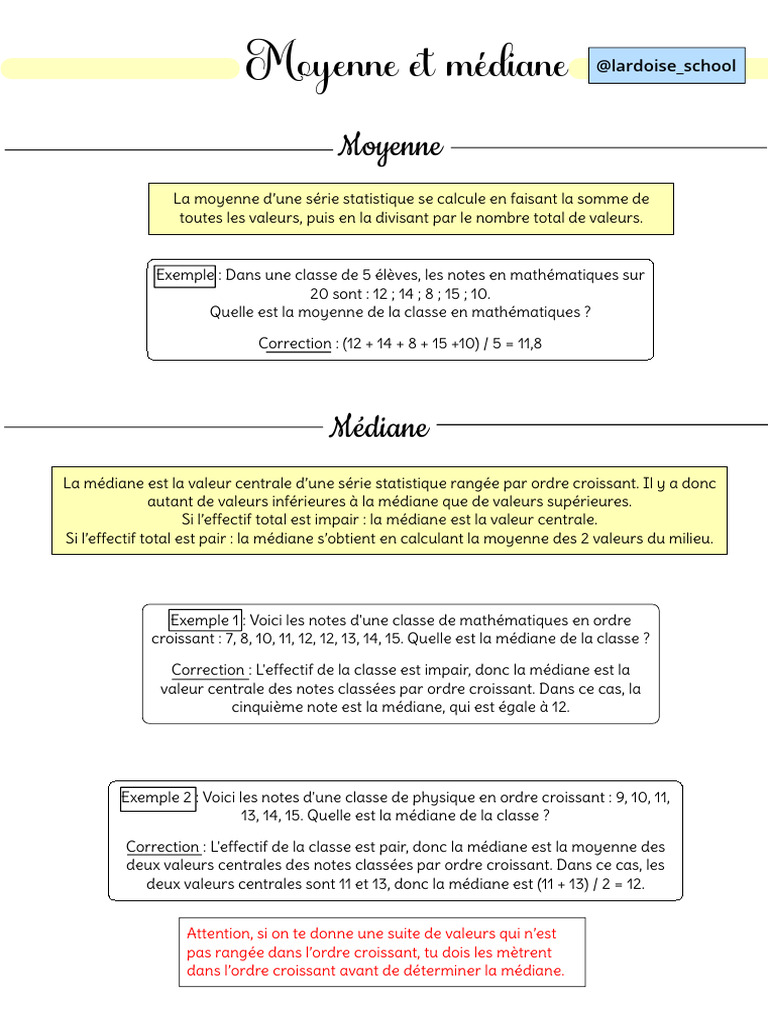 Moyenne et Médiane : Calculs et Différences | PDF | Médiane (statistiques)