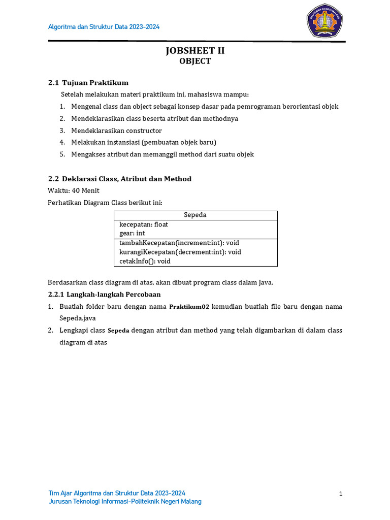 Jobsheet W02 - Object 2024 | PDF | Metode & Bahan Ajar | Komputer