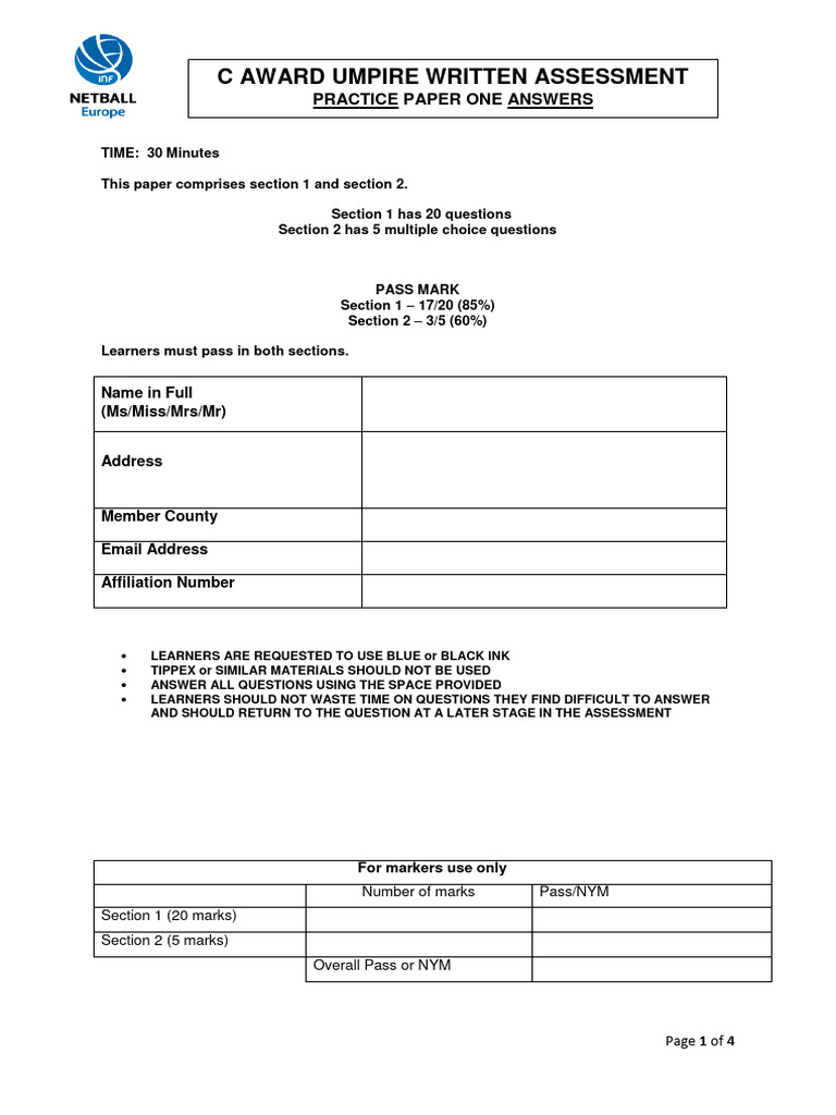 Netball Europe C Award Written Assessment Practice Paper One Answers 1 ...