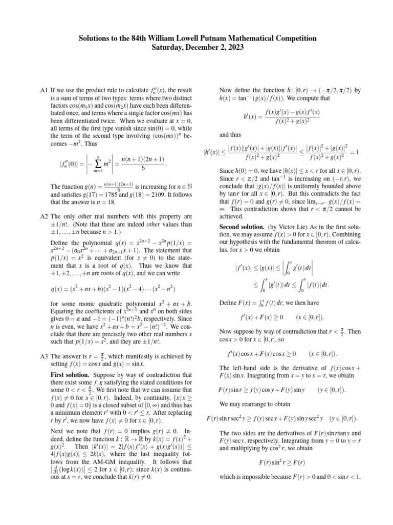 Putnam 2023 Sessions A B Solutions PDF