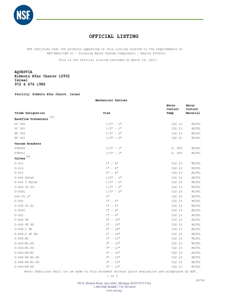 NSF CERTIFICATE 0H760 - 061 Aquestia | PDF | Hydraulic Engineering ...