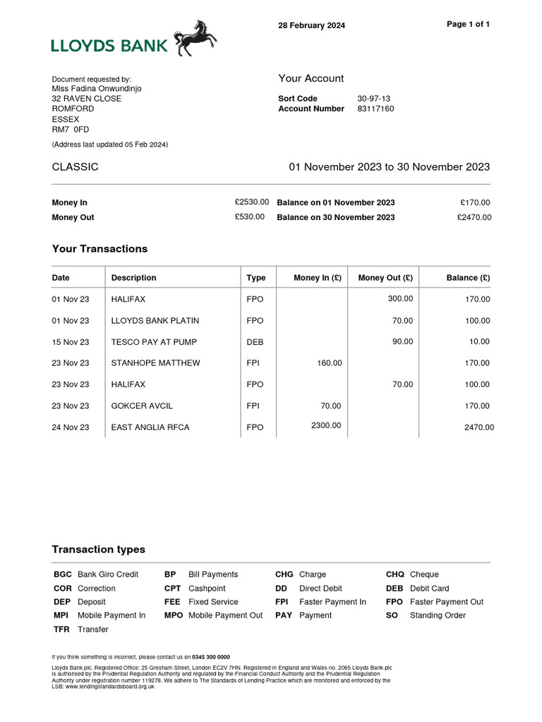 Lloyds Bank Account Statement Summary | PDF