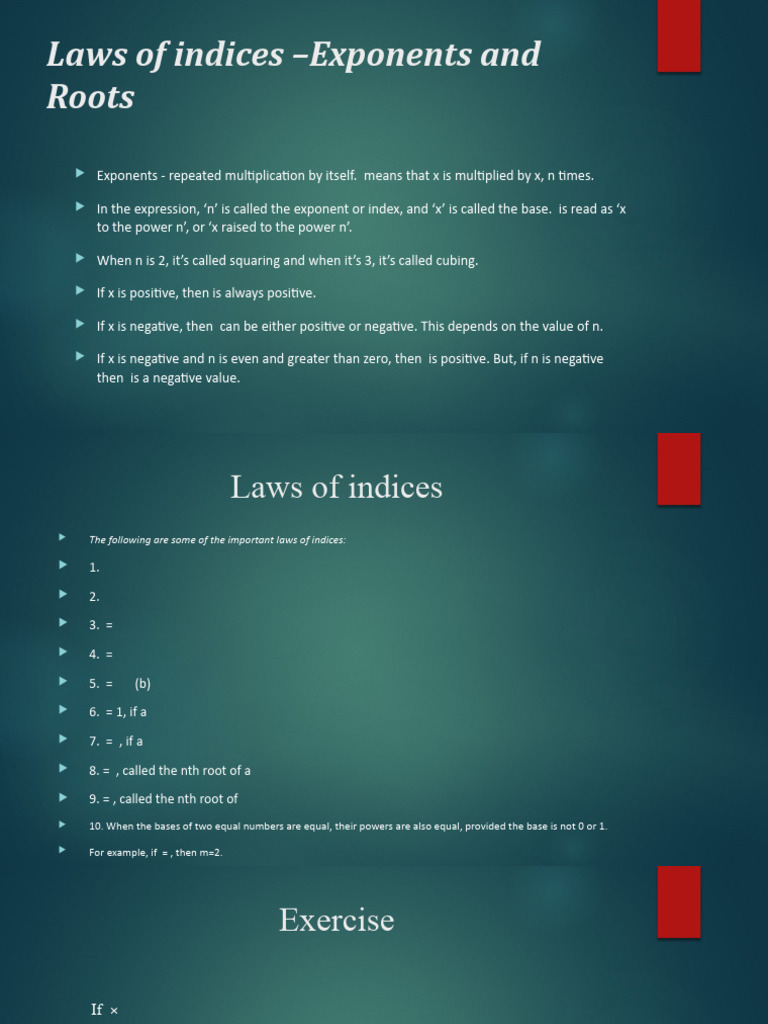 Laws of Indices: Exponents and Roots Explained | PDF | Exponentiation | Mathematics