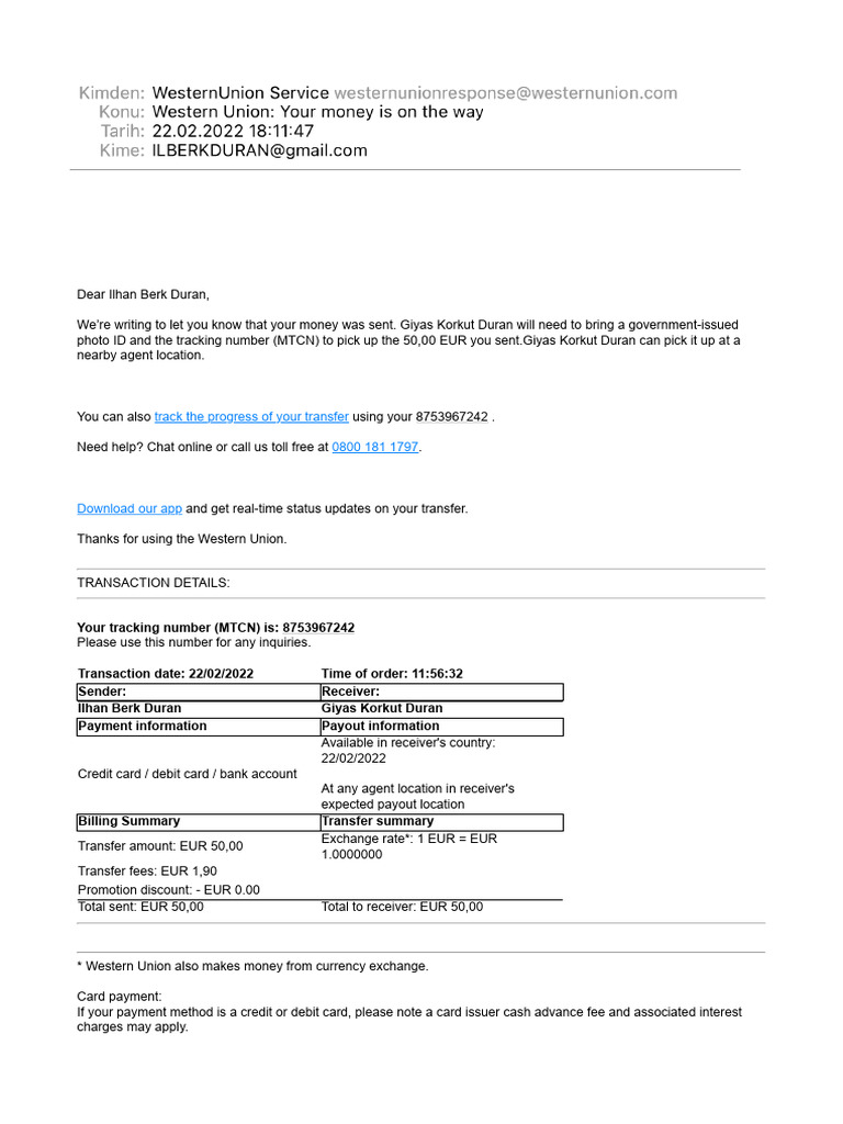 Western Union Transfer Confirmation | PDF | Credit Card | Payments