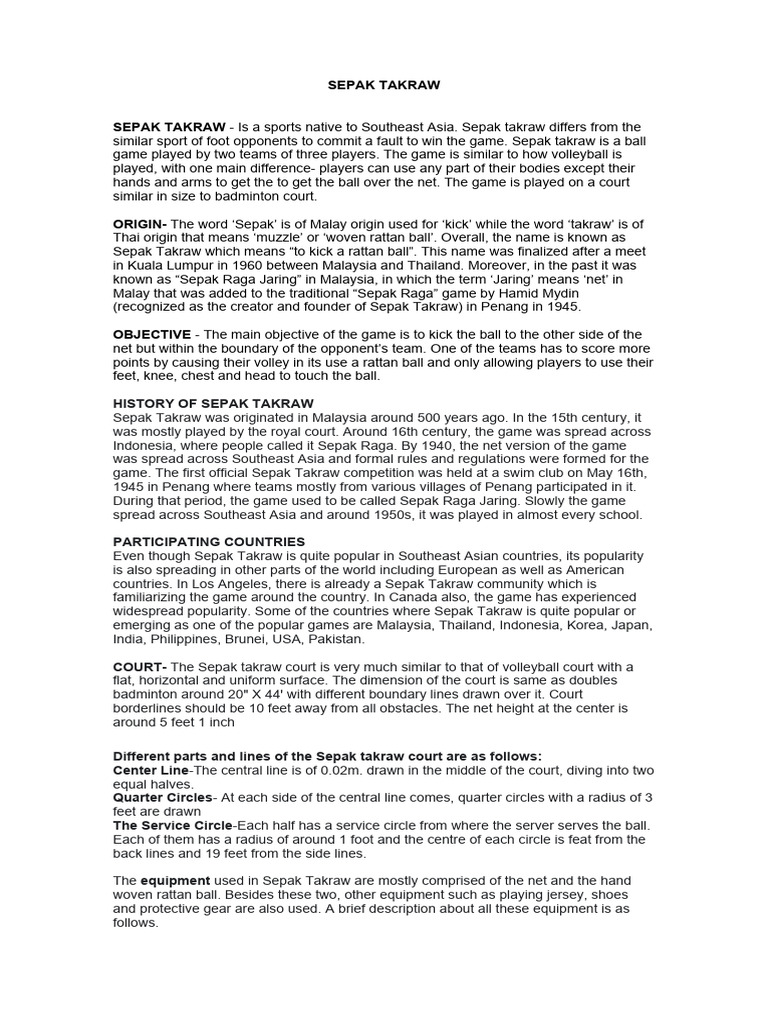 Introduction to Sepak Takraw Game | PDF | Sports & Recreation