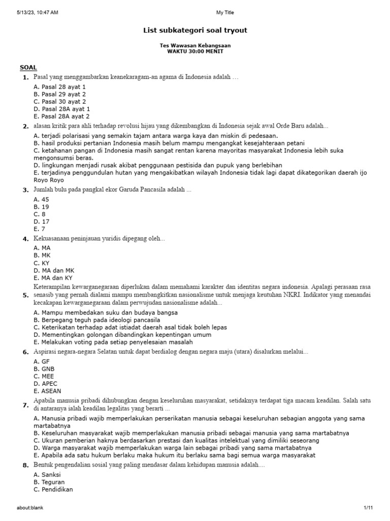 List Subkategori Soal Tryout | PDF