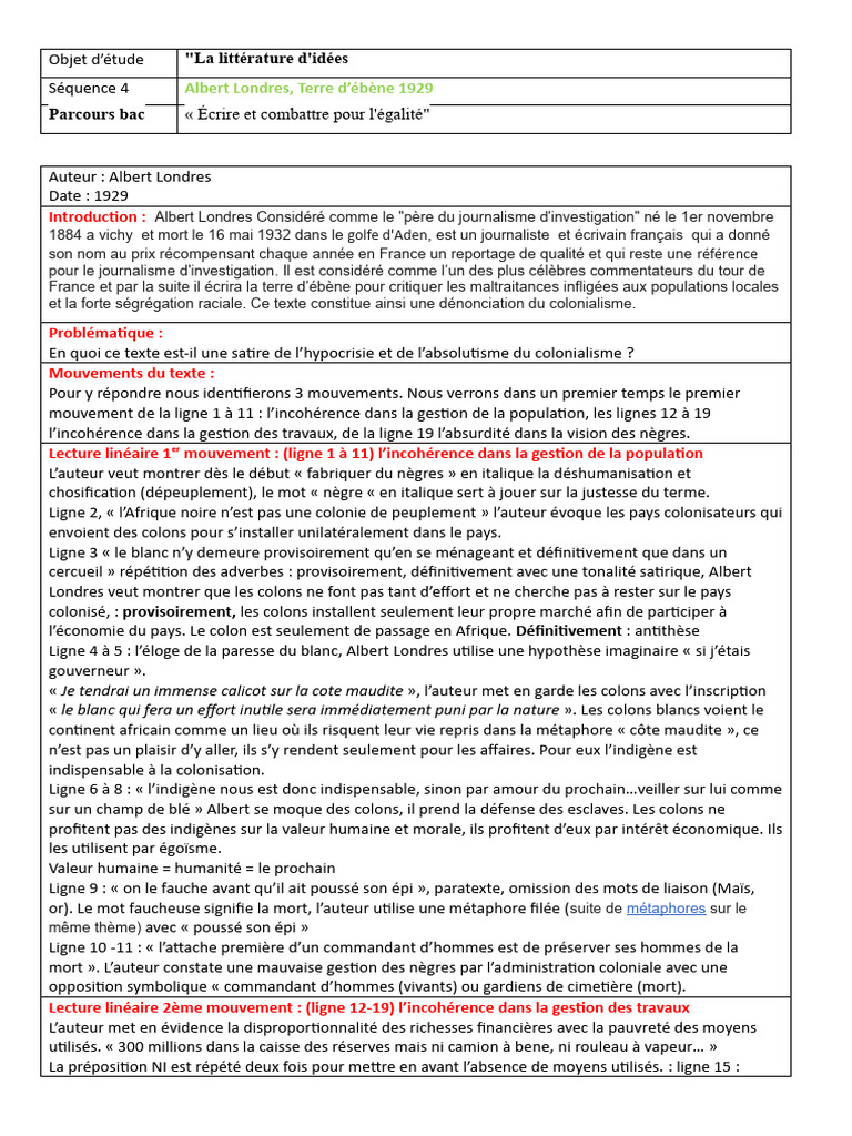 4 - Explication Linéaire Terre D'ebene Albert Londres | PDF