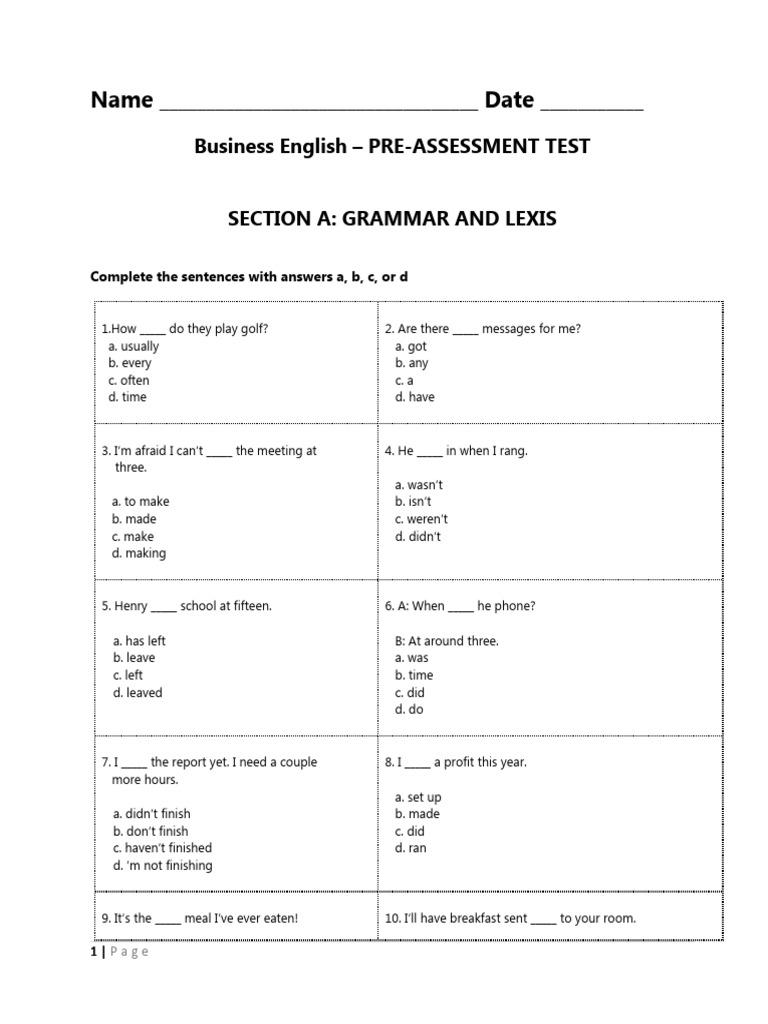 Business English Pre-Assessment Test | PDF | Human Communication