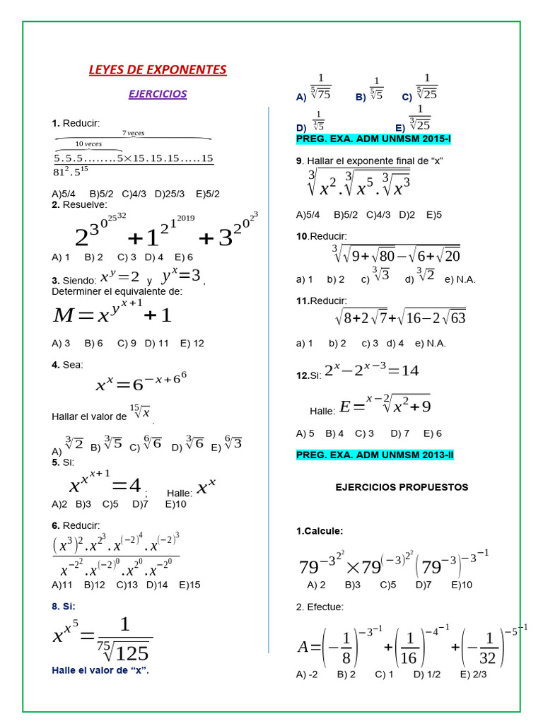 Ejercicios de Leyes de Exponentes | Descargar gratis PDF | Ajedrez