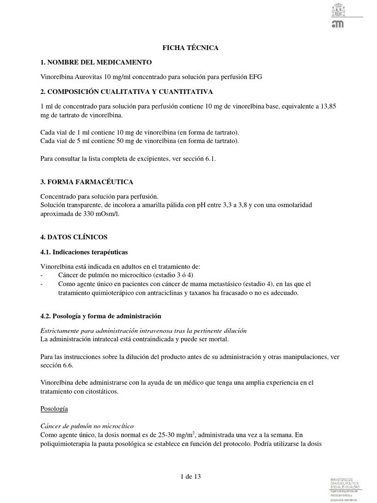 VINORELBINA FICHA TÉCNICA | PDF | Medicamentos con receta | Quimioterapia