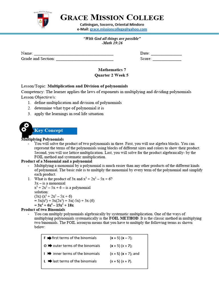 Q1W1 MATH7 Learning Activity Sheet5 | PDF | Polynomial | Multiplication