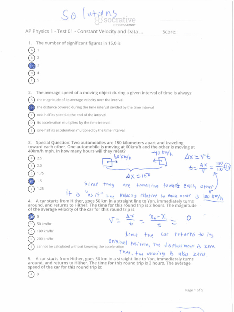 Test 1 Socrative Review - Velocity - Solutions | PDF
