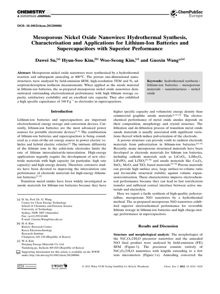 Chemistry A European J - 2012 - Su - Mesoporous Nickel Oxide Nanowires Hydrothermal Synthesis ...