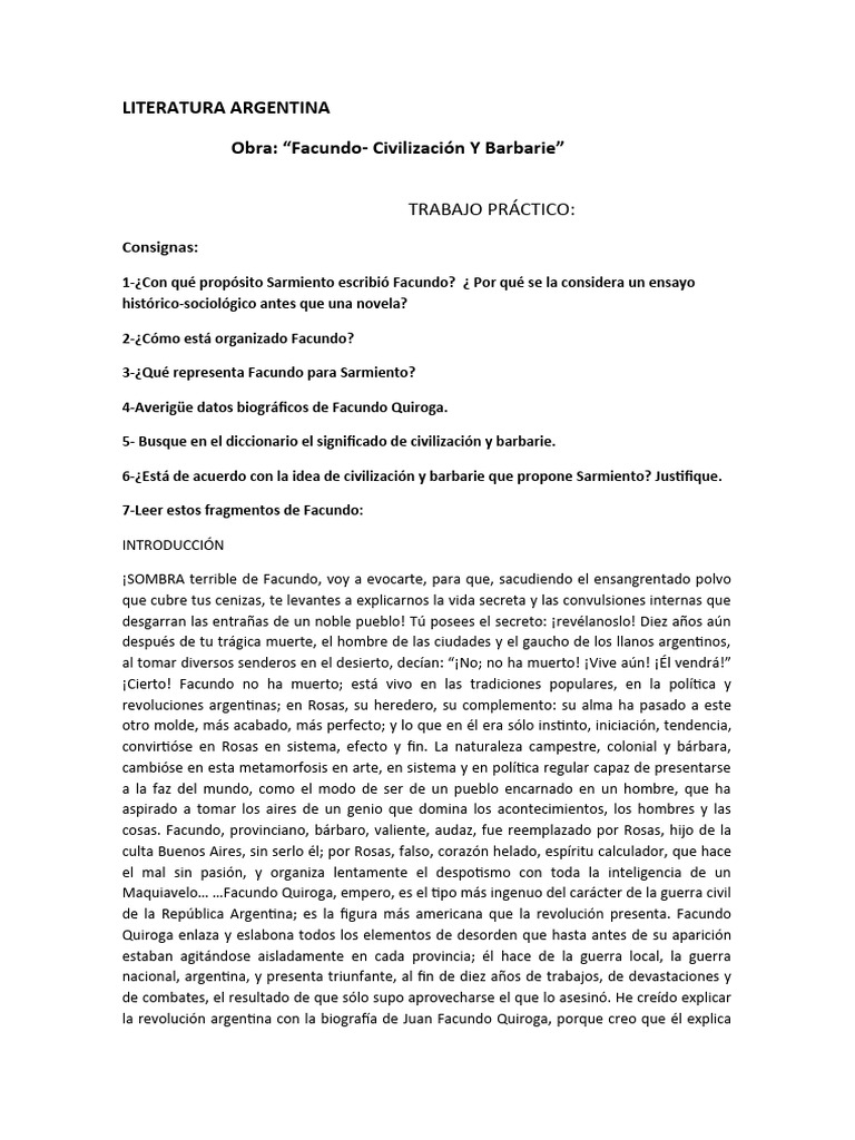 LITERATURA ARGENTINA - Trabajo Pràctico - Facundo | PDF