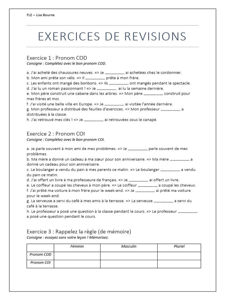 Exercices sur les pronoms COD et COI | PDF | Genre grammatical | Pronom