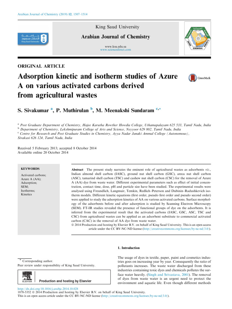 Adsorption Kinetic and Isotherm Studies of Azure A On Var 2019 Arabian ...