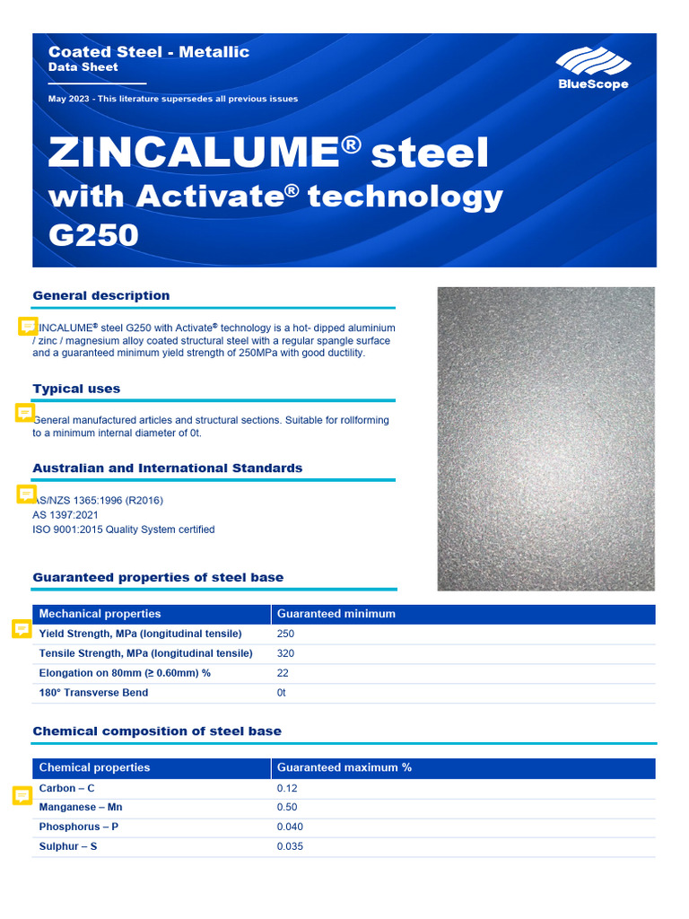ZINCALUME® Steel G250 Datasheet May 2023 | PDF | Steel | Metals