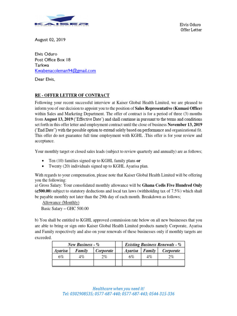 Contract Offer Letter - Elvis Oduro - 08022019 | PDF | Employment ...