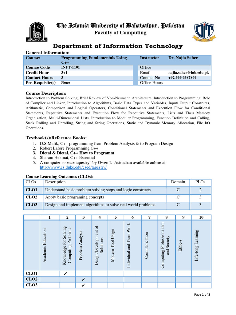 Course Outline Bsit Prog Fundamental Using C Pdf C Computer Programming