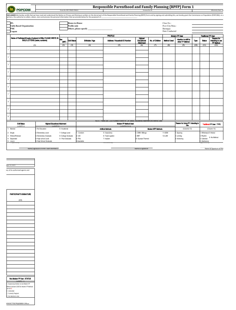 RPFP Form 1: Family Planning Assessment | PDF