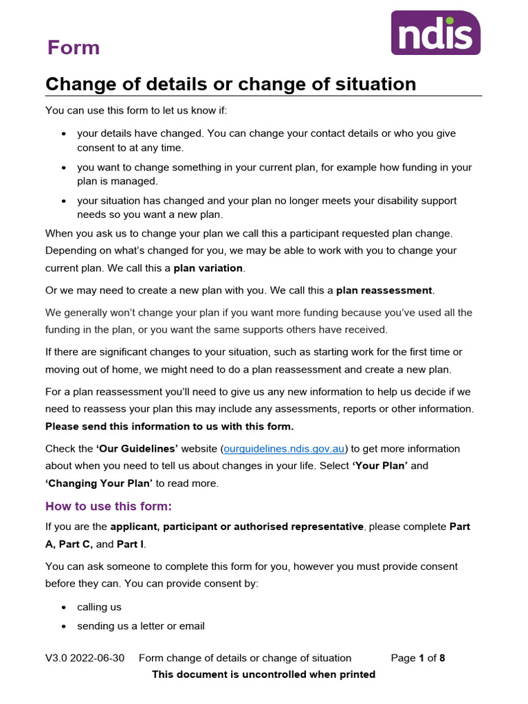 NDIS Change of Situation Form | PDF