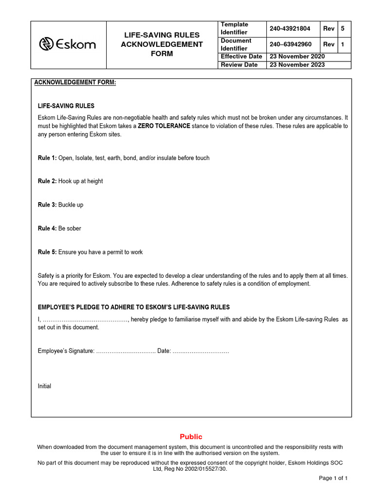 Acknowledgement - Eskom Life Saving Rules | PDF | Technology & Engineering