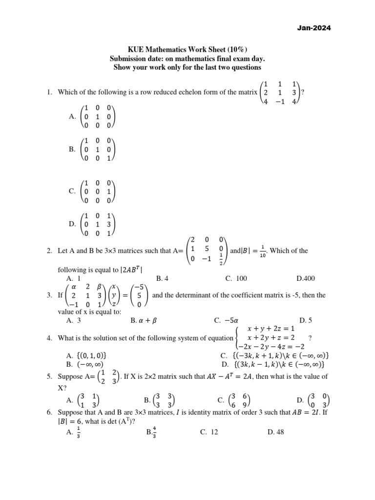 Matrix Operations and Solutions Worksheet | PDF | Matrix (Mathematics ...