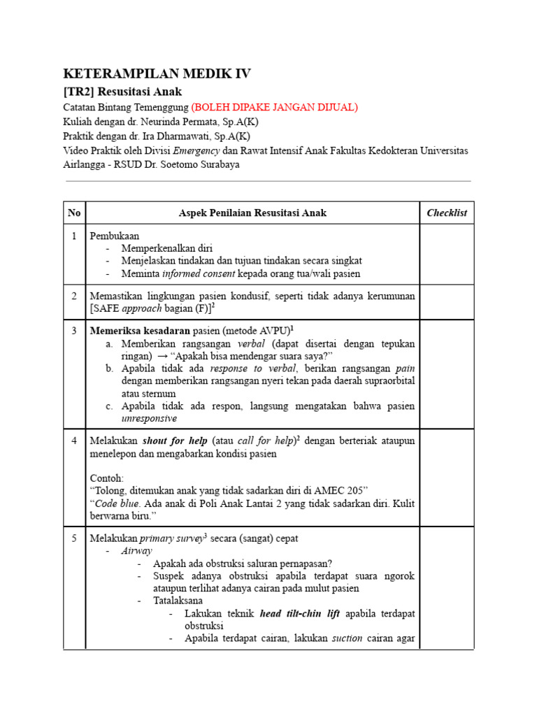 (Checklist2) Resusitasi Anak | PDF