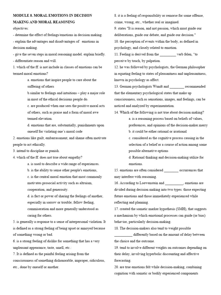 Moral Emotions in Decision Making | PDF | Reason | Emotions