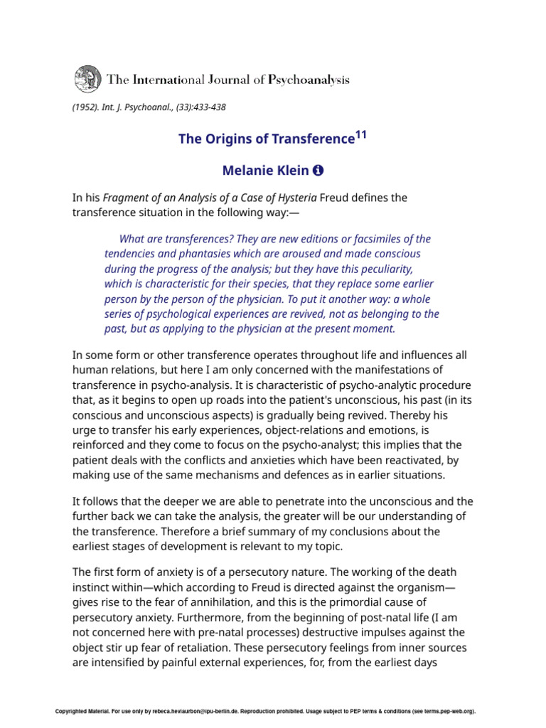 Klein - The Origins of Transference | PDF | Object Relations Theory ...