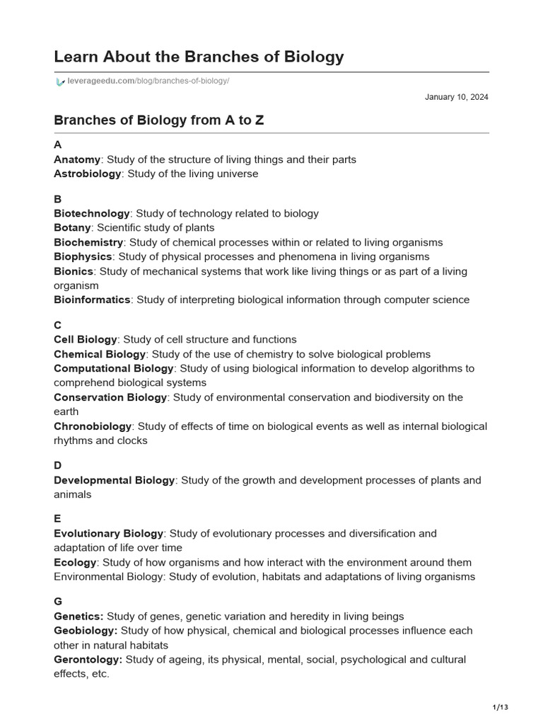 Learn About The Branches of Biology | PDF | Biology | Zoology