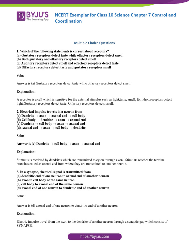 NCERT Exemplar Solution Class 10 Science Chapter 7 | PDF | Neuron ...
