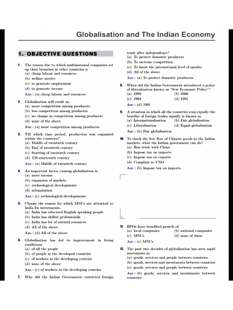 Globalisation and The Indian Economy (MCQ & A&R) | PDF