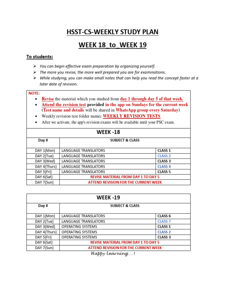 Week 18 - To - 19 - HSST Cs Study Plan | PDF
