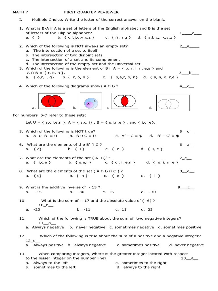 Math 7first Quarter Reviewer | PDF | Numbers | Integer
