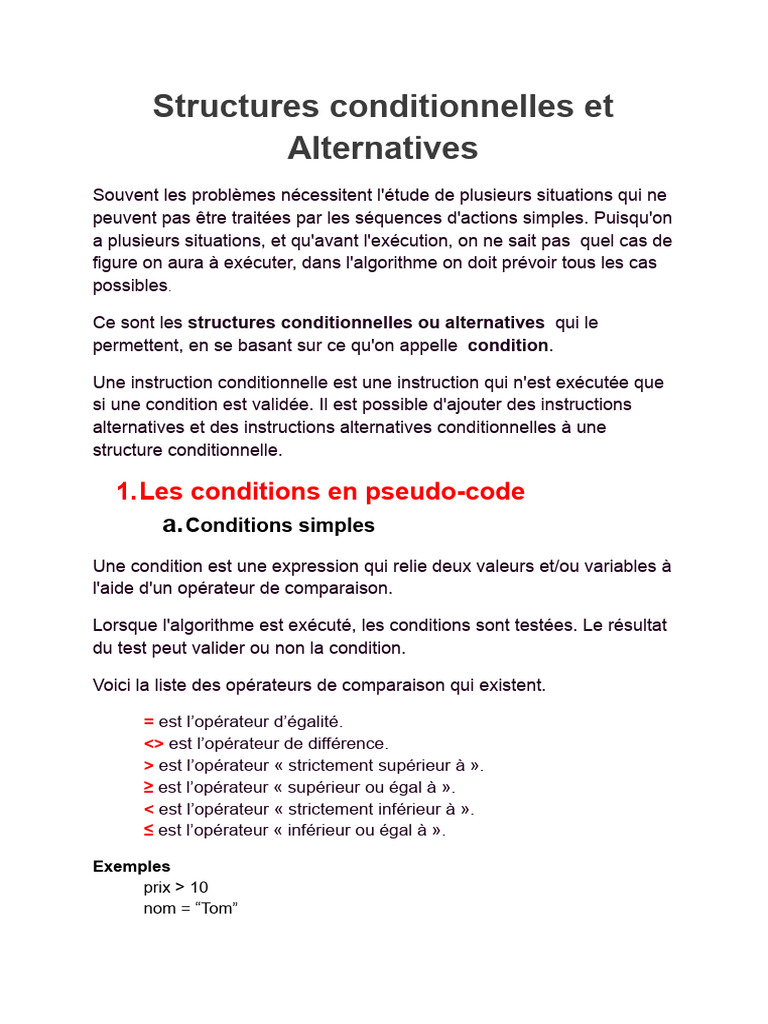 Structures Conditionnelles Et Alternatives | PDF