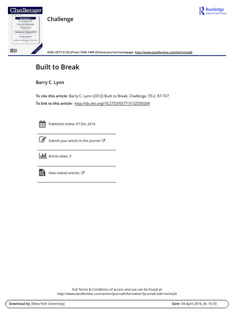 Barry C. Lynn - Built To Break | PDF | Lean Manufacturing | Toyota