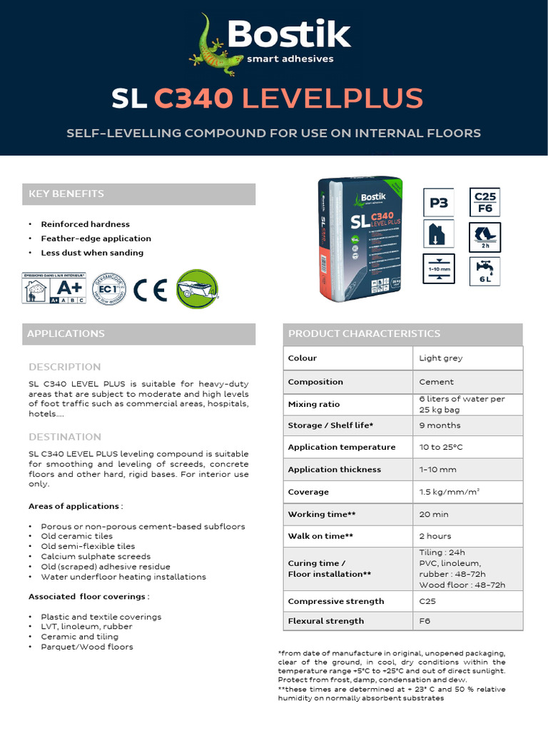 Bostik SL C340 Level Plus Overview | PDF | Flooring | Tile