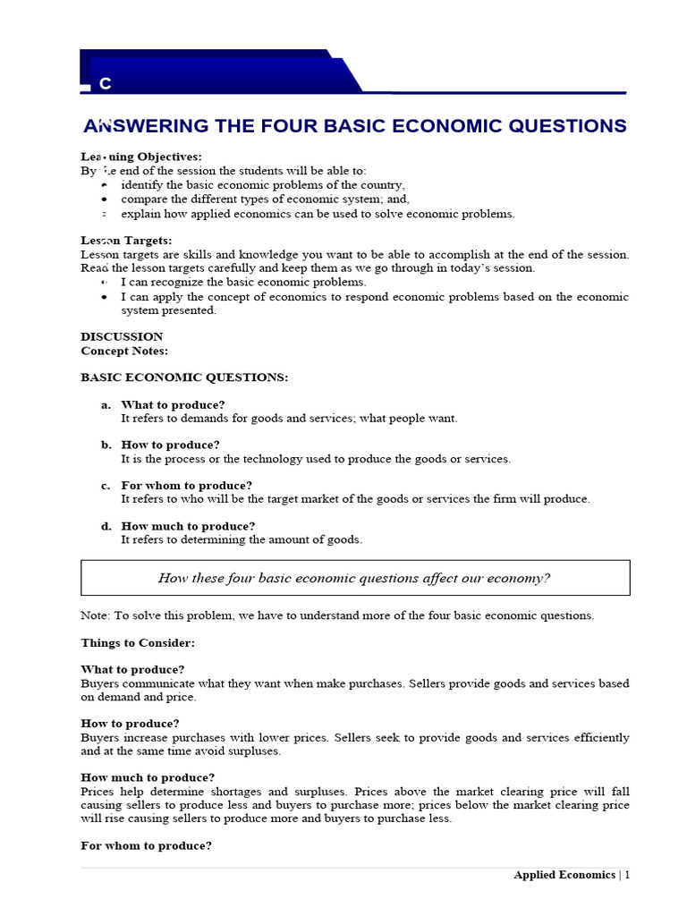 Chapter 1 - Lesson 1.3 - Answering The Four Basic Economic Questions ...