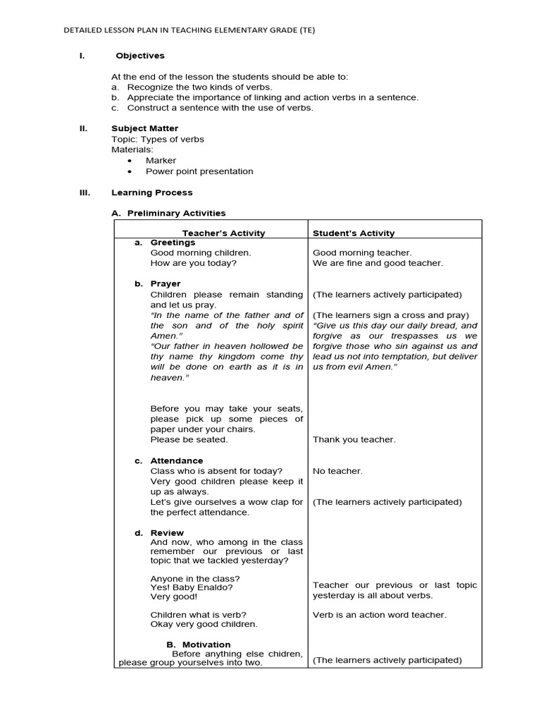 TE Final Lesson Plan (LIGAYA) | PDF | Verb | Lesson Plan