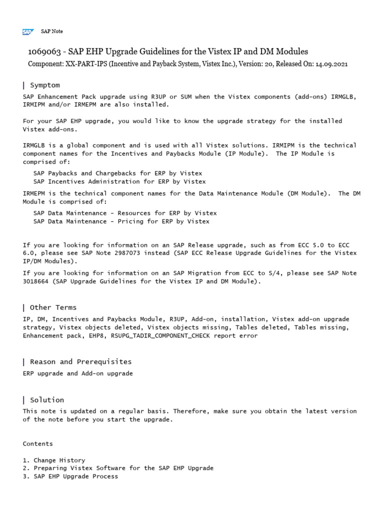 SAP EHP Upgrade Guidelines For The Vistex IP and DM Modules | PDF